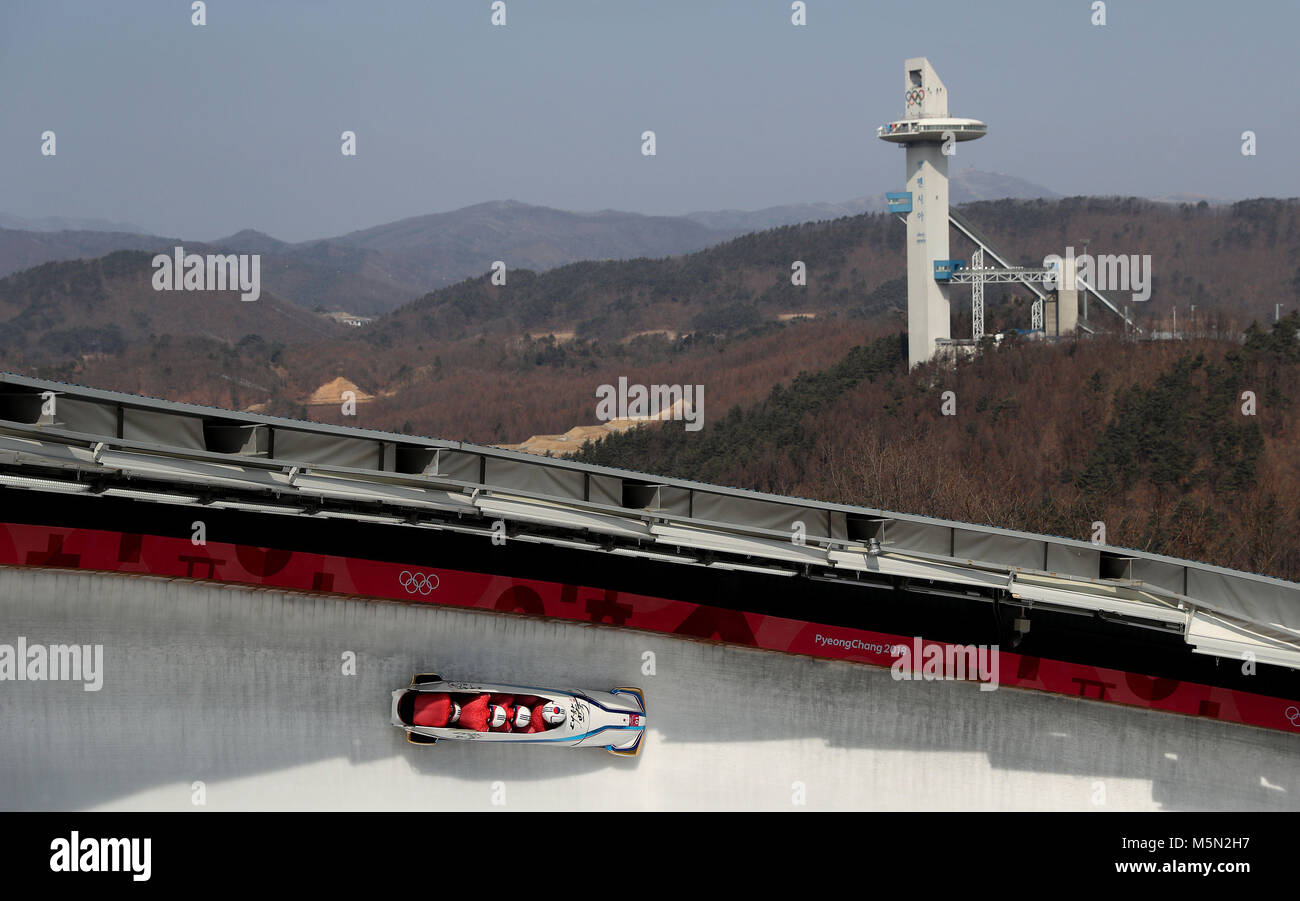 Korea's Yunjong Won and his team during the 4-man Bobsleigh at the ...