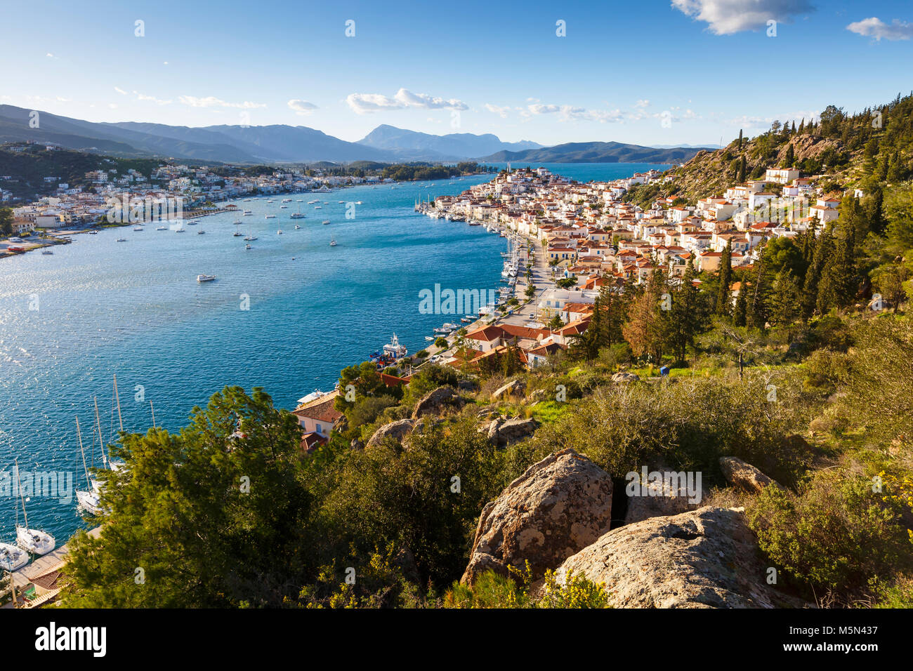 View of Poros island and mountains of Peloponnese peninsula in Greece ...