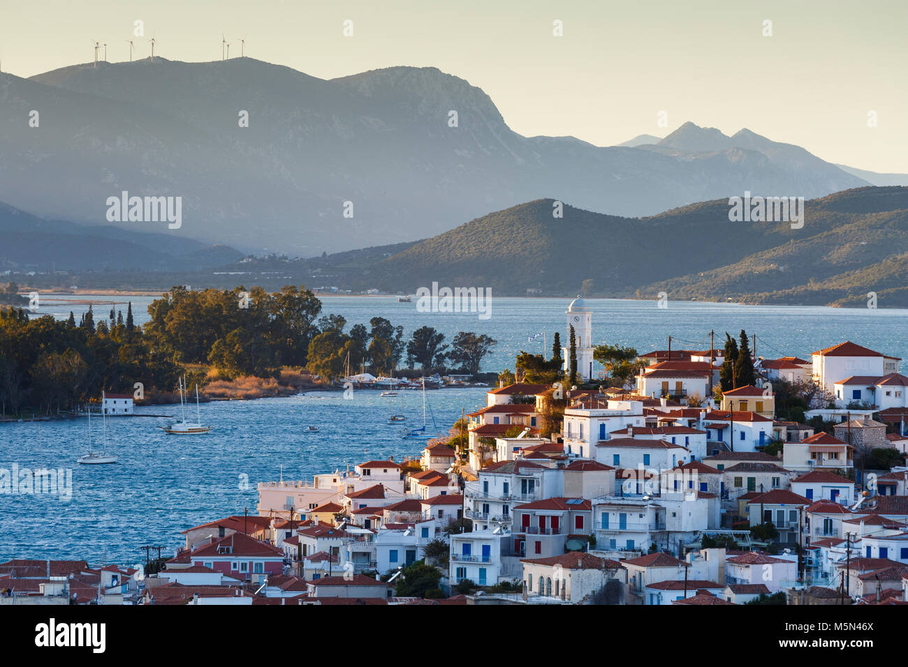 View of Poros island and mountains of Peloponnese peninsula in Greece ...