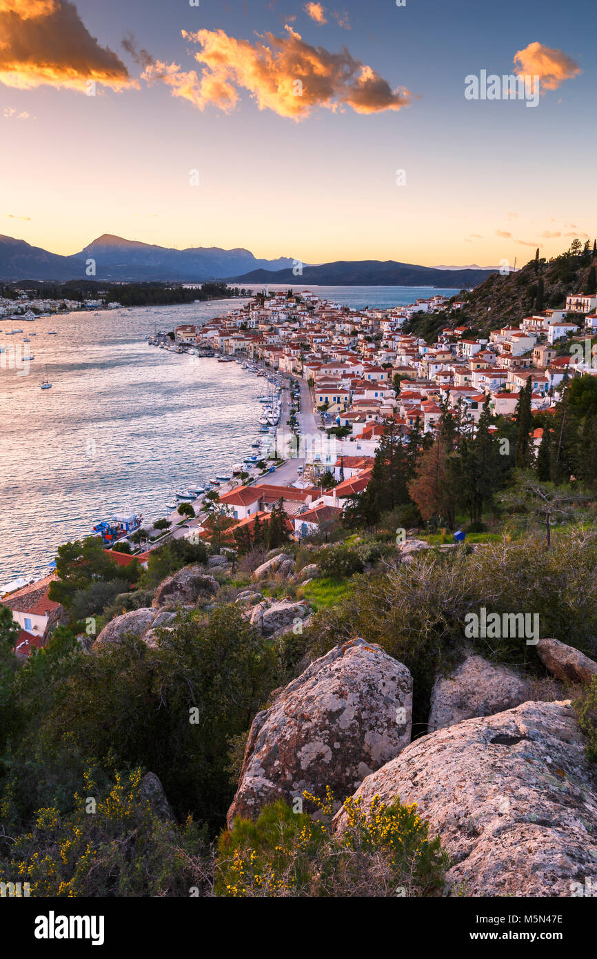 View of Poros island and mountains of Peloponnese peninsula in Greece ...