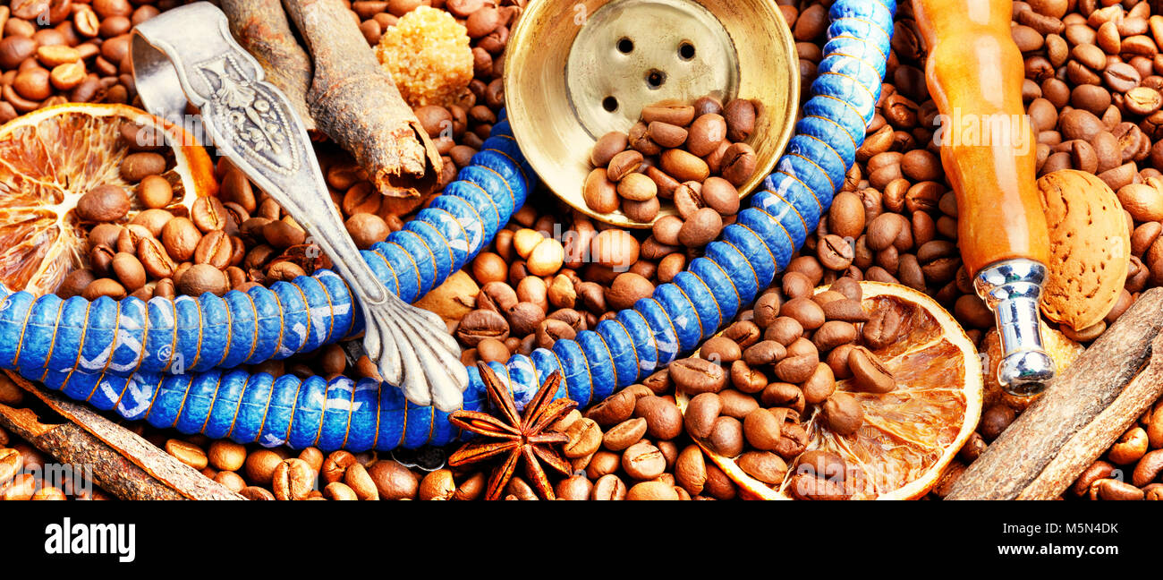 Shisha hookah with with coffee beans and coffee spices.Shisha concept ...
