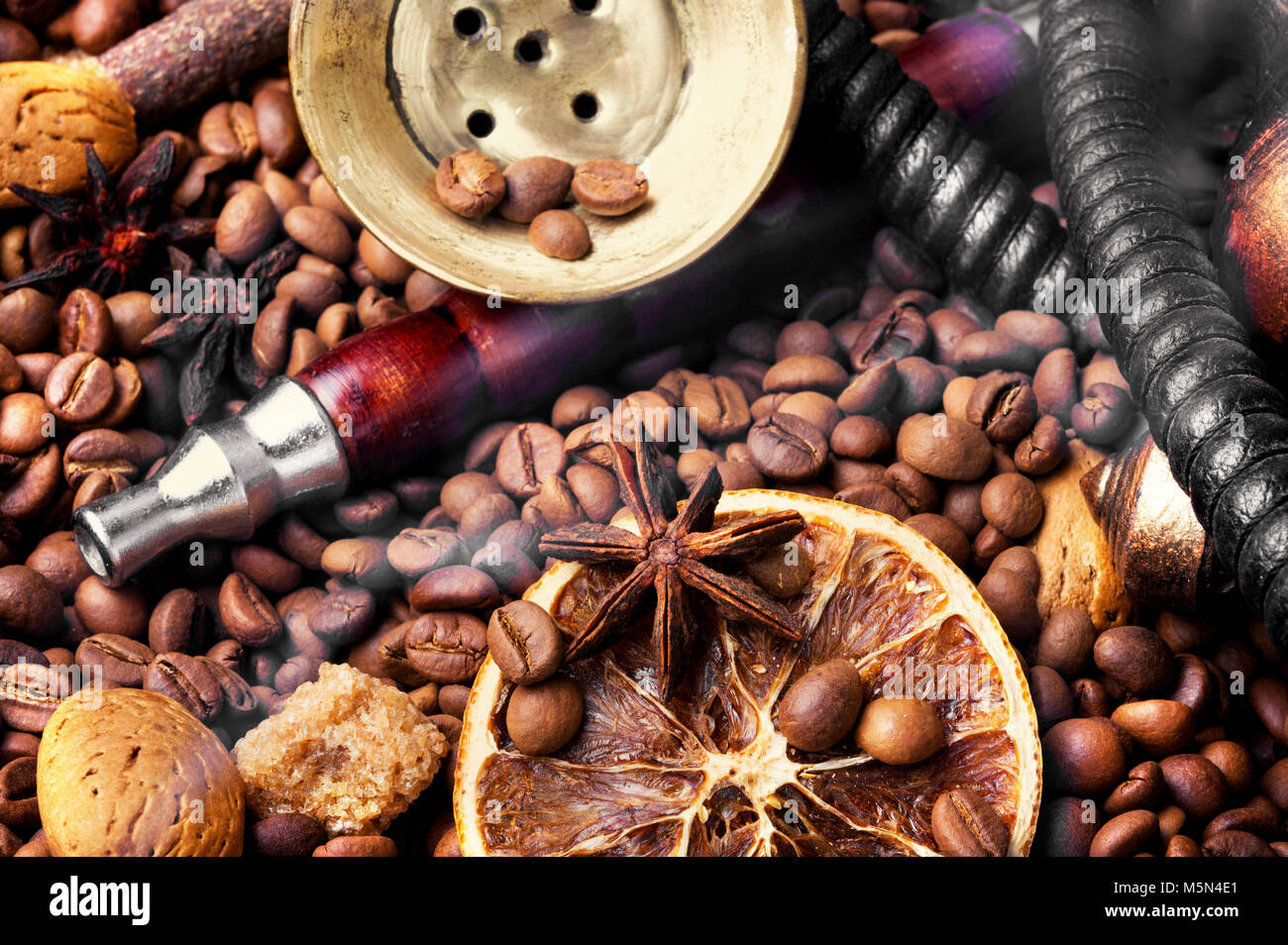 Shisha hookah with with coffee beans and coffee spices.Shisha concept ...