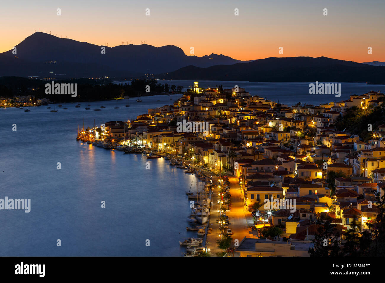 View of Poros island and mountains of Peloponnese peninsula in Greece ...