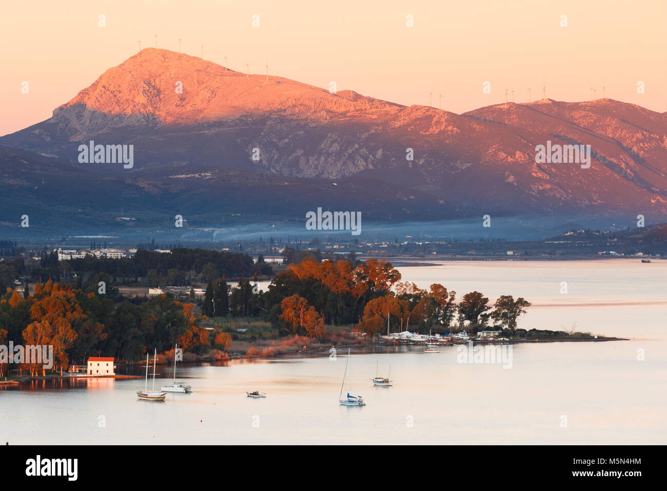 View of the coast of Peloponnese peninsula from Poros island in Greece ...