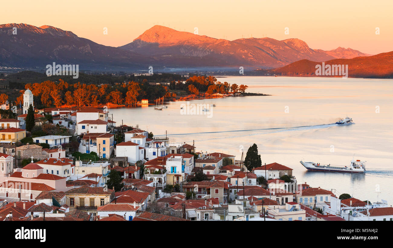 View of Poros island and mountains of Peloponnese peninsula in Greece ...