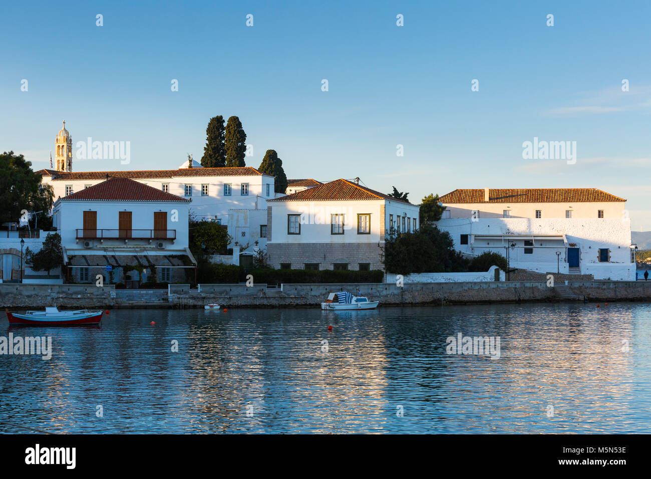 View of traditional architecture in Spetses village, Greece Stock Photo ...