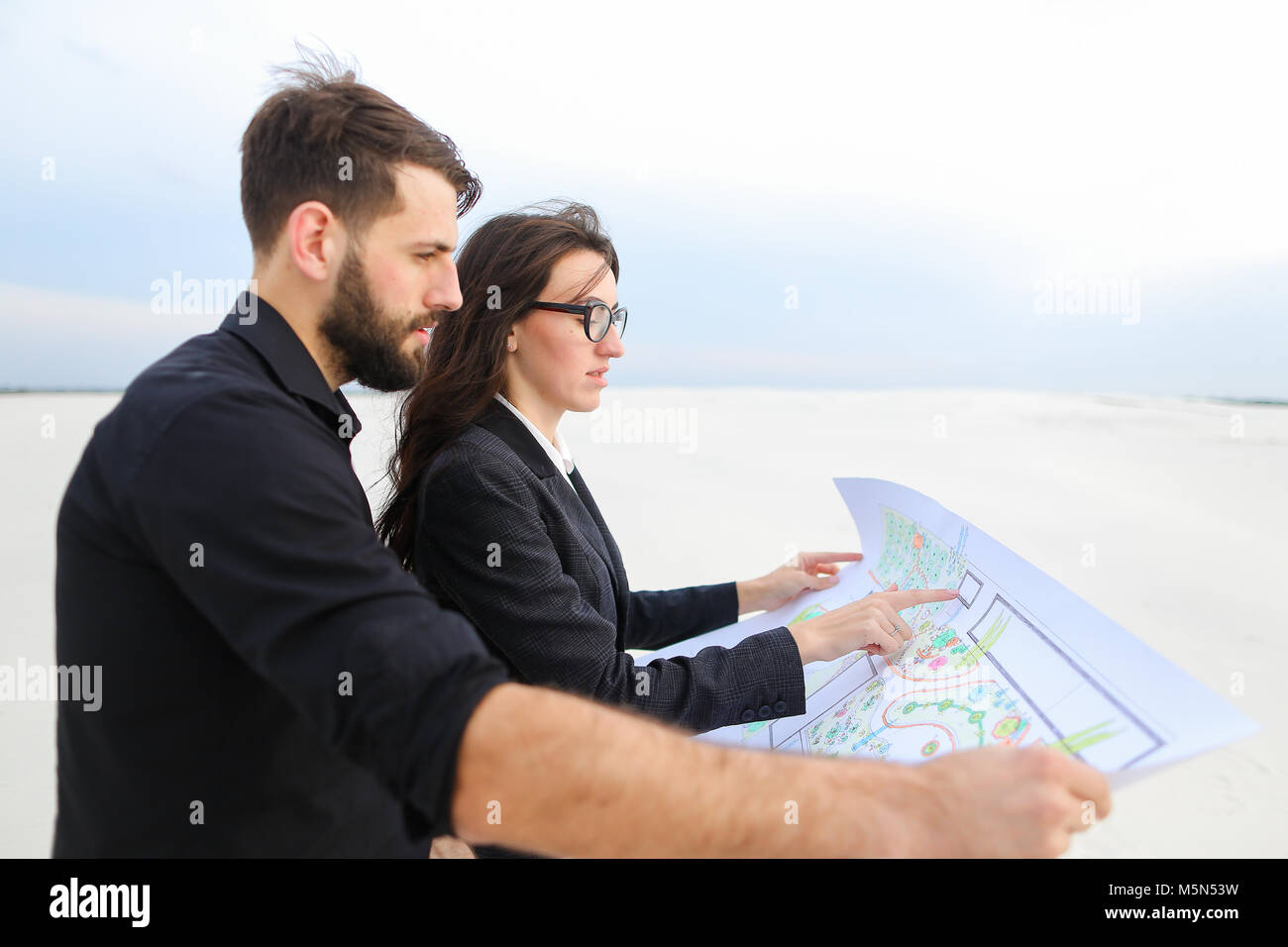 CEO male and CFO female discussing project of wind power pla Stock ...