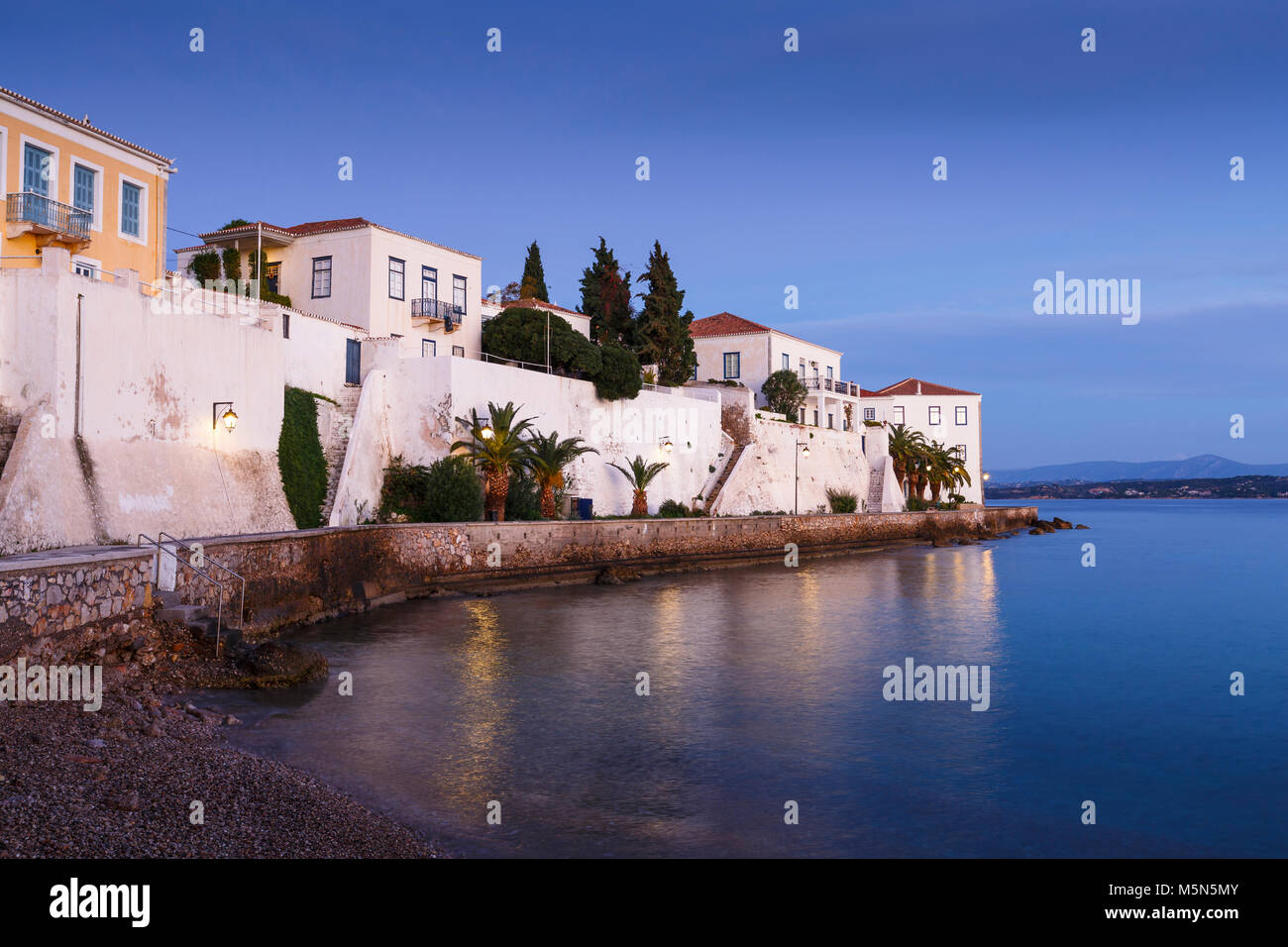 Morning view of traditional architecture in Spetses seafront, Greece ...
