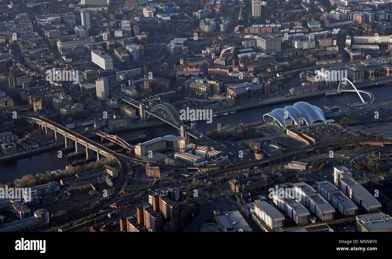An aerial view of (from the left), High Level Bridge, Swing Bridge ...