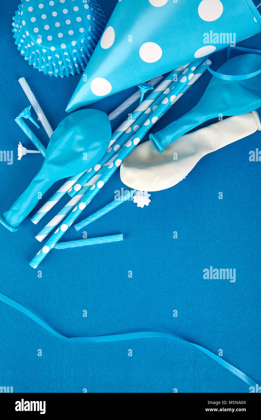 Celebration Flat lay. Party blue hat polka dot background. Birthday ...