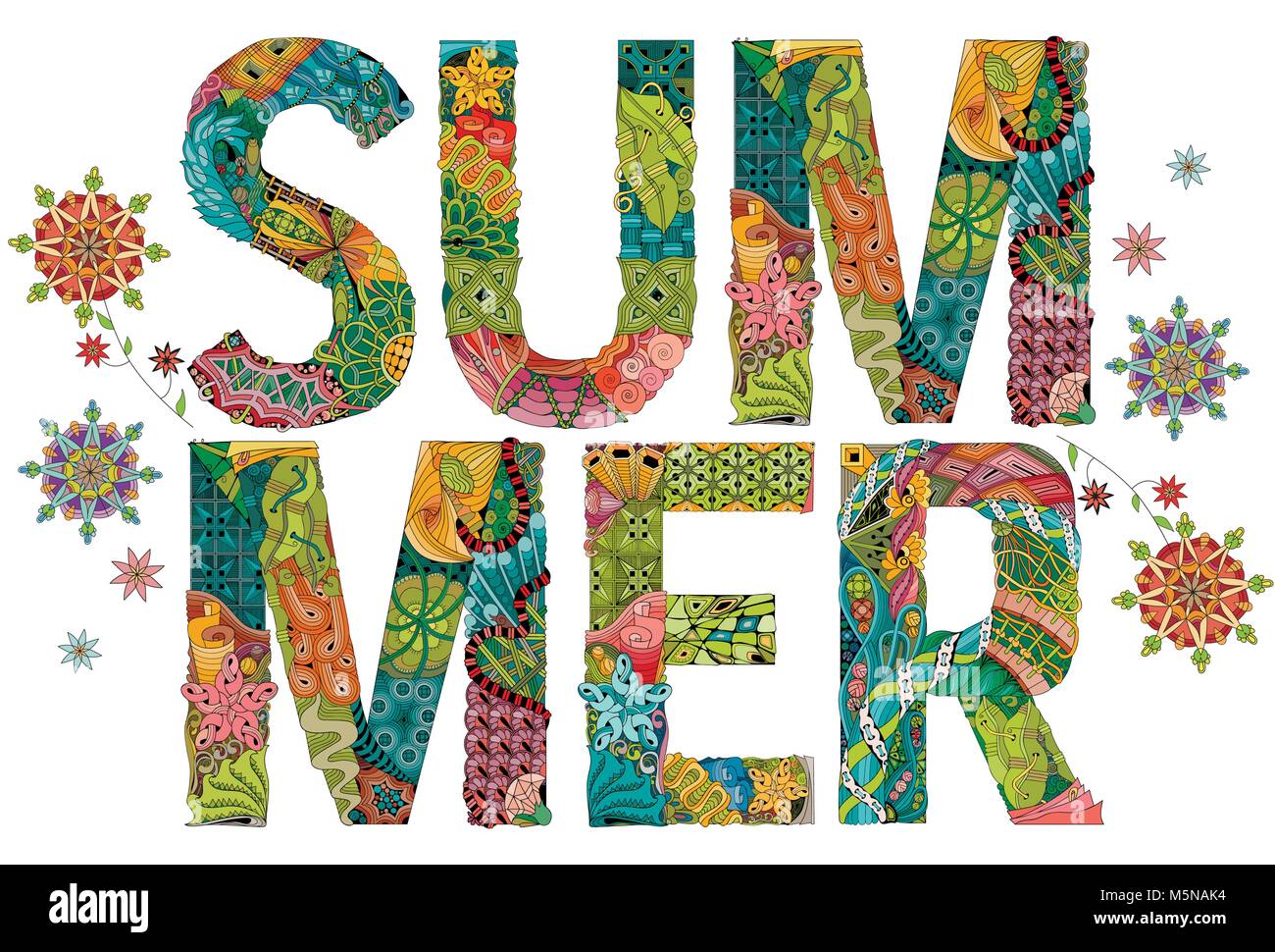 Hand-painted art design. Hand drawn illustration word summer for t ...