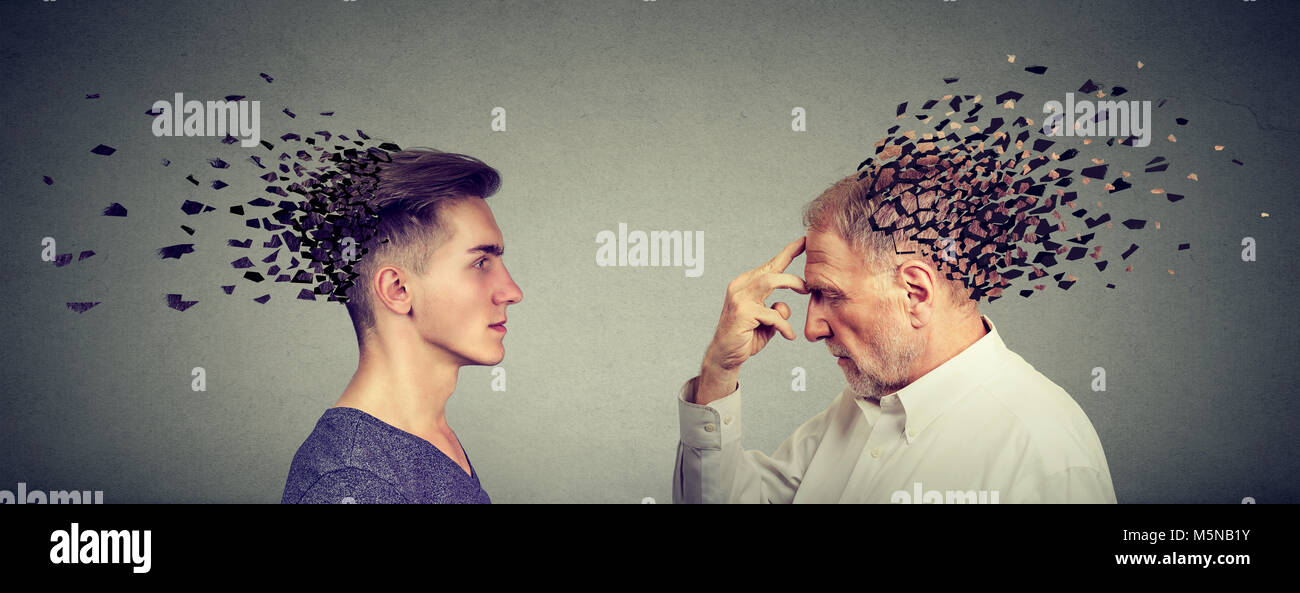Memory loss due to dementia or brain damage. Side profile of young and ...