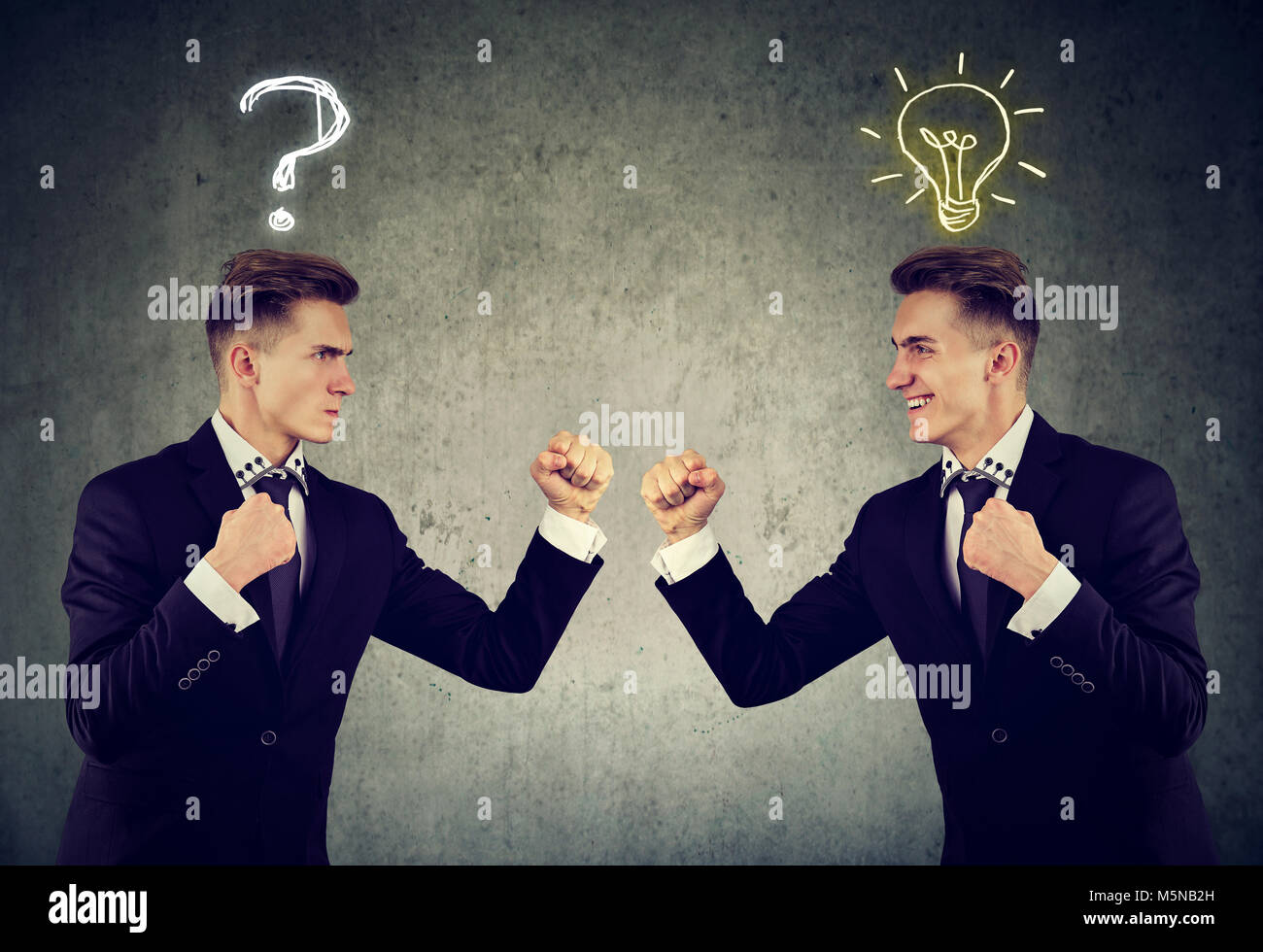 Angry man with question mark fighting happy guy with bright ideas Stock ...