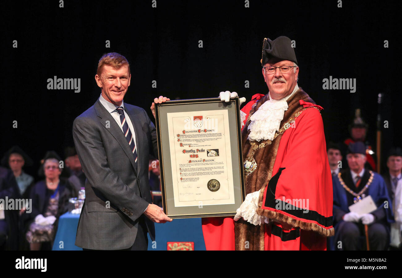 Mayor Peter Evens (right) presents a certificate to astronaut Tim Peake ...