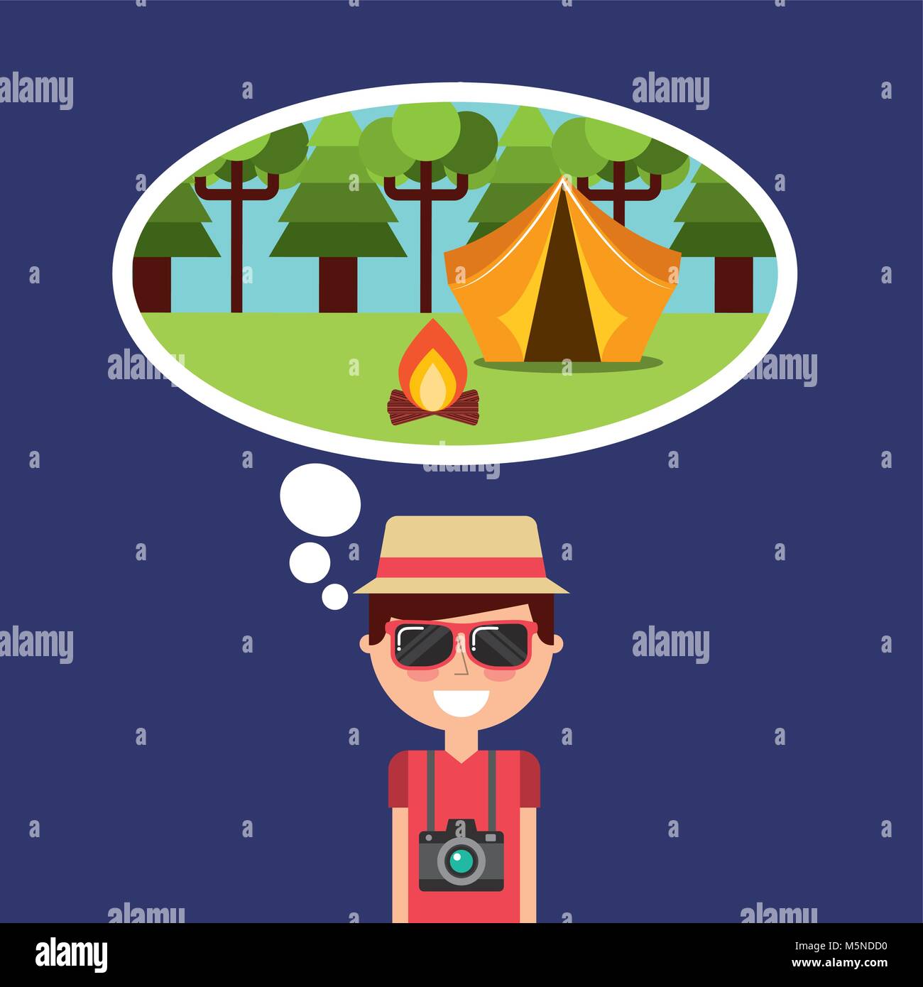 happy tourist thinking camping tent forest vacations Stock Vector Image ...