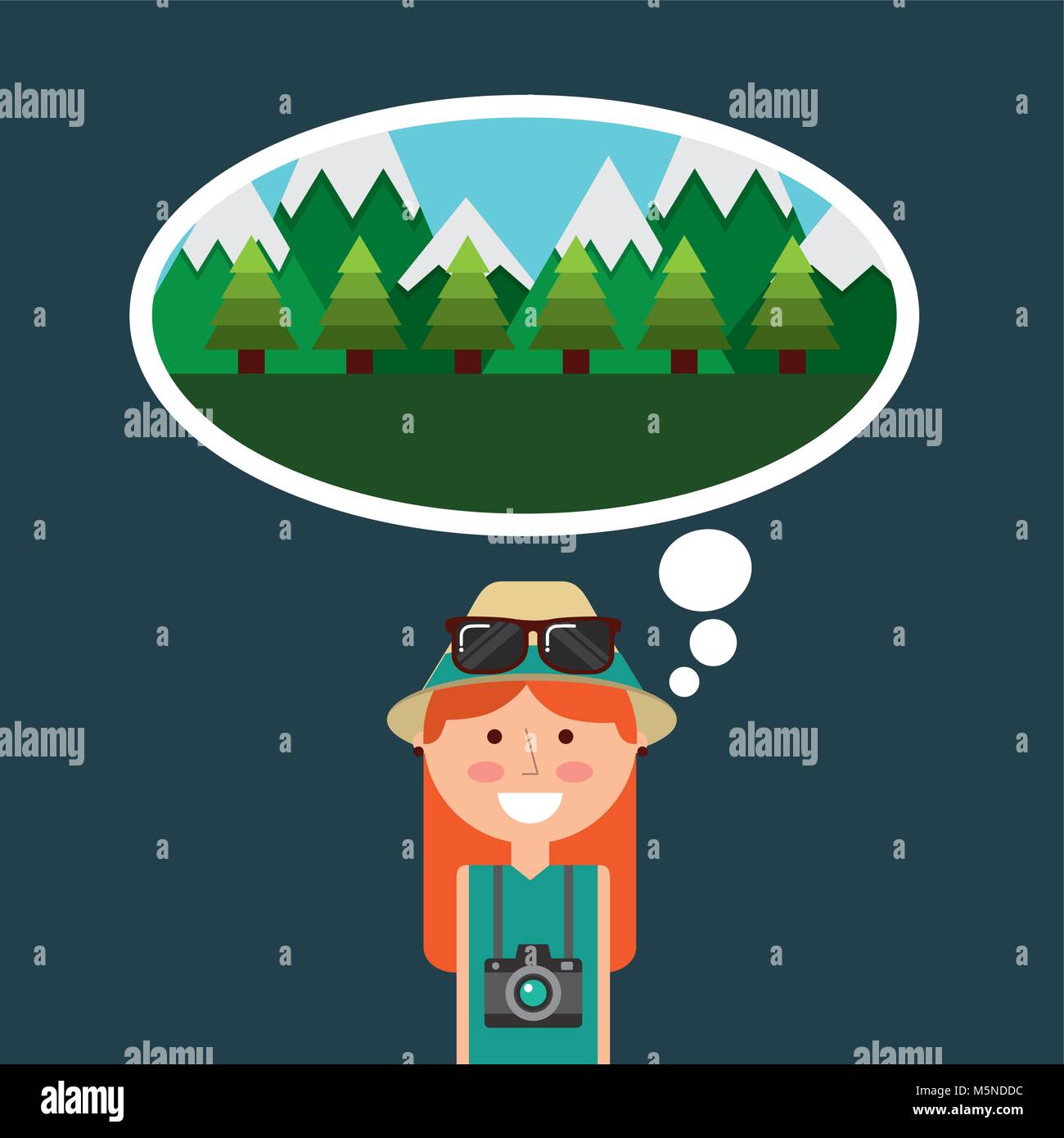 happy tourist woman travelers vacations thinking mountains forest Stock ...