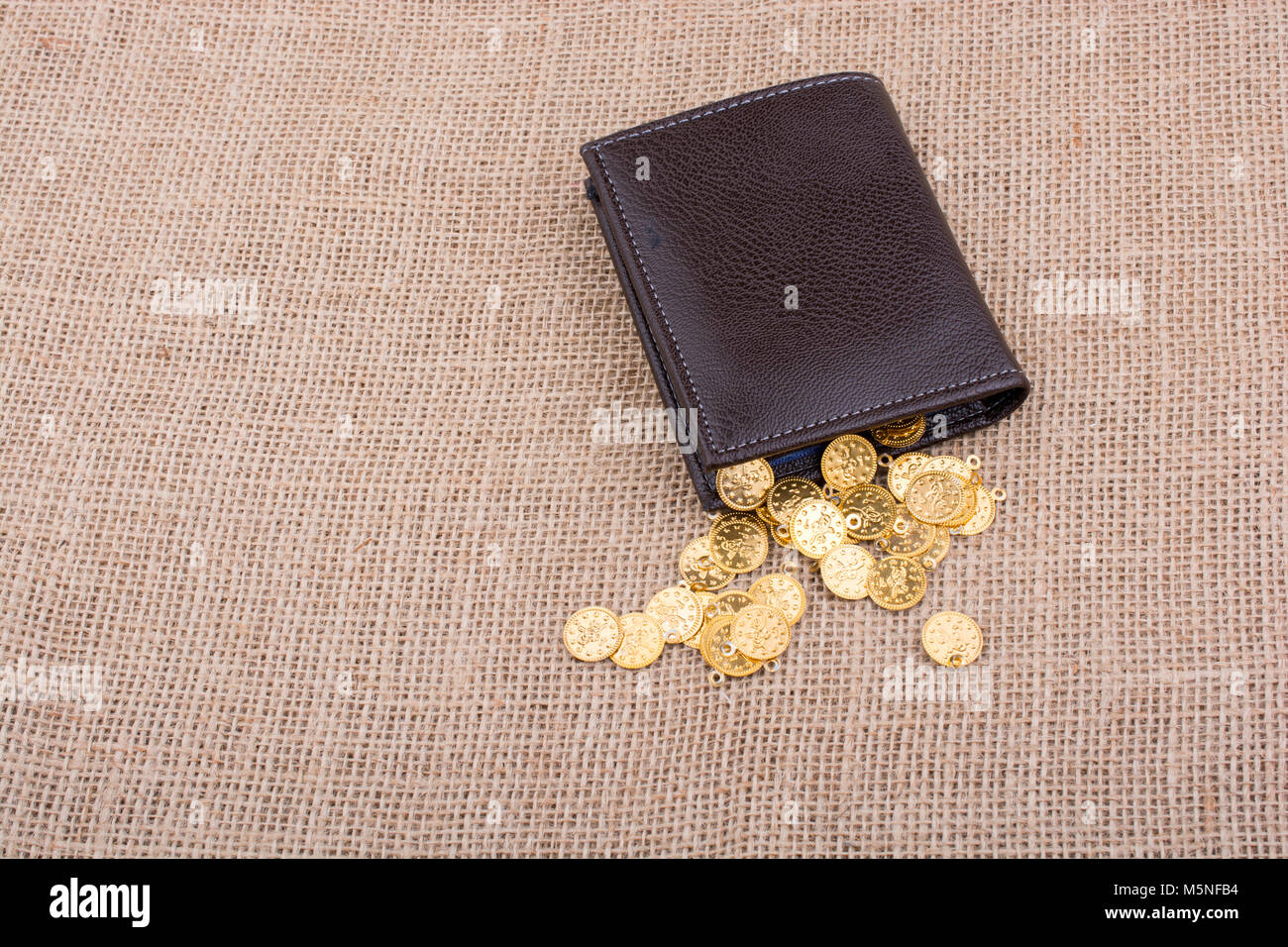 Wallet and plenty of fake gold coins on canvas Stock Photo - Alamy