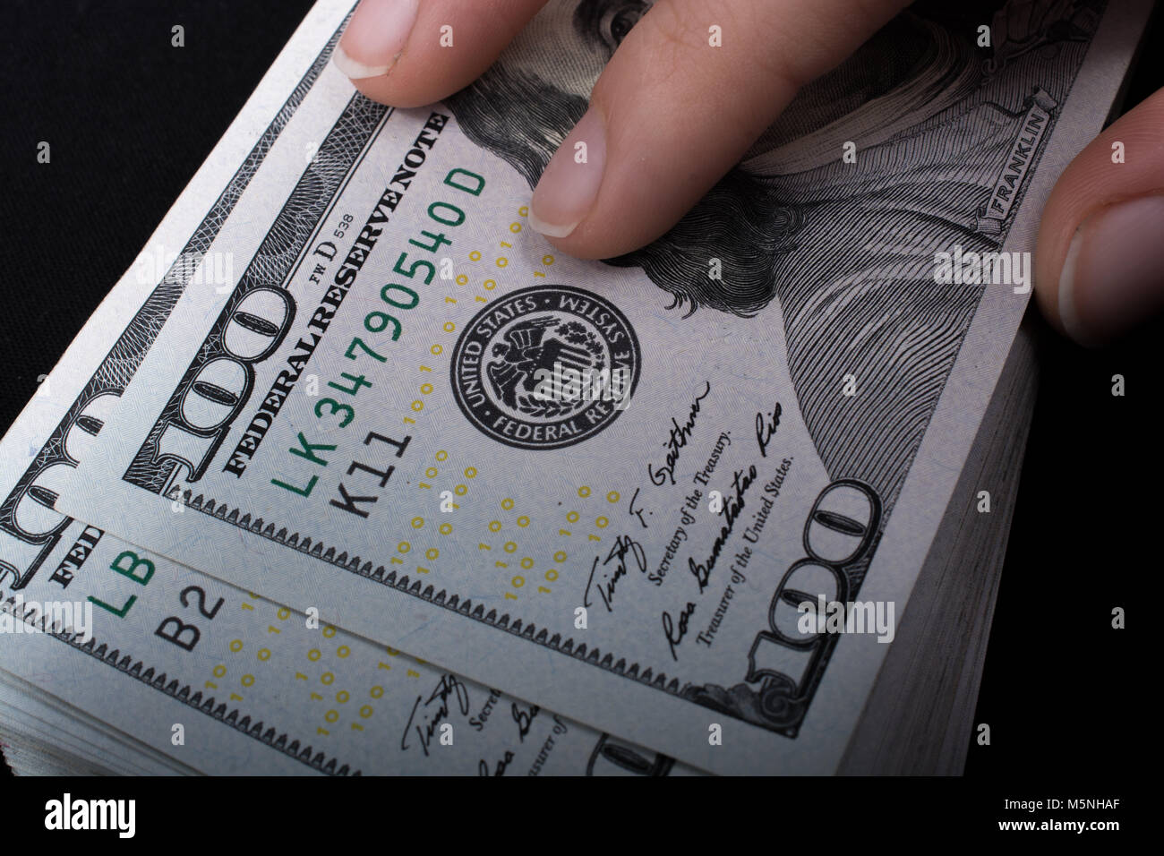 Hand holding American dollar banknotes isolated on white background ...