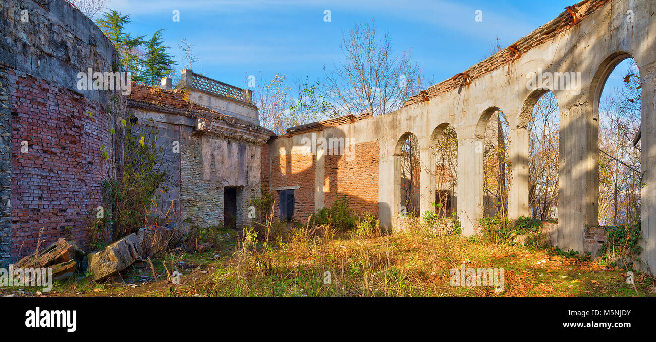 Abandoned building of the former restaurant on the top of Mount Akhun ...