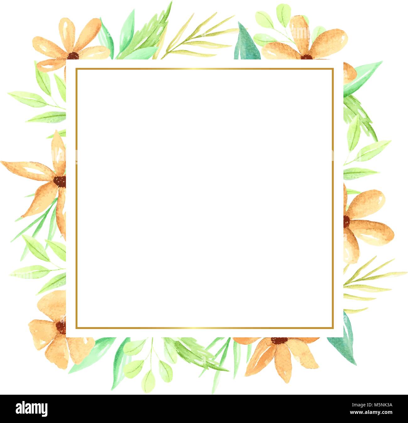 Square frame with hand drawn watercolor flowers and leaves, orange ...