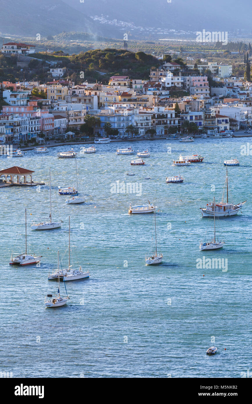 View of Galatas village in Peloponnese peninsula from Poros island ...