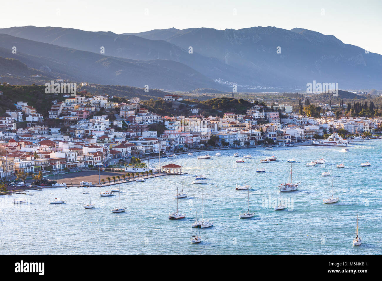 View of Galatas village in Peloponnese peninsula from Poros island ...
