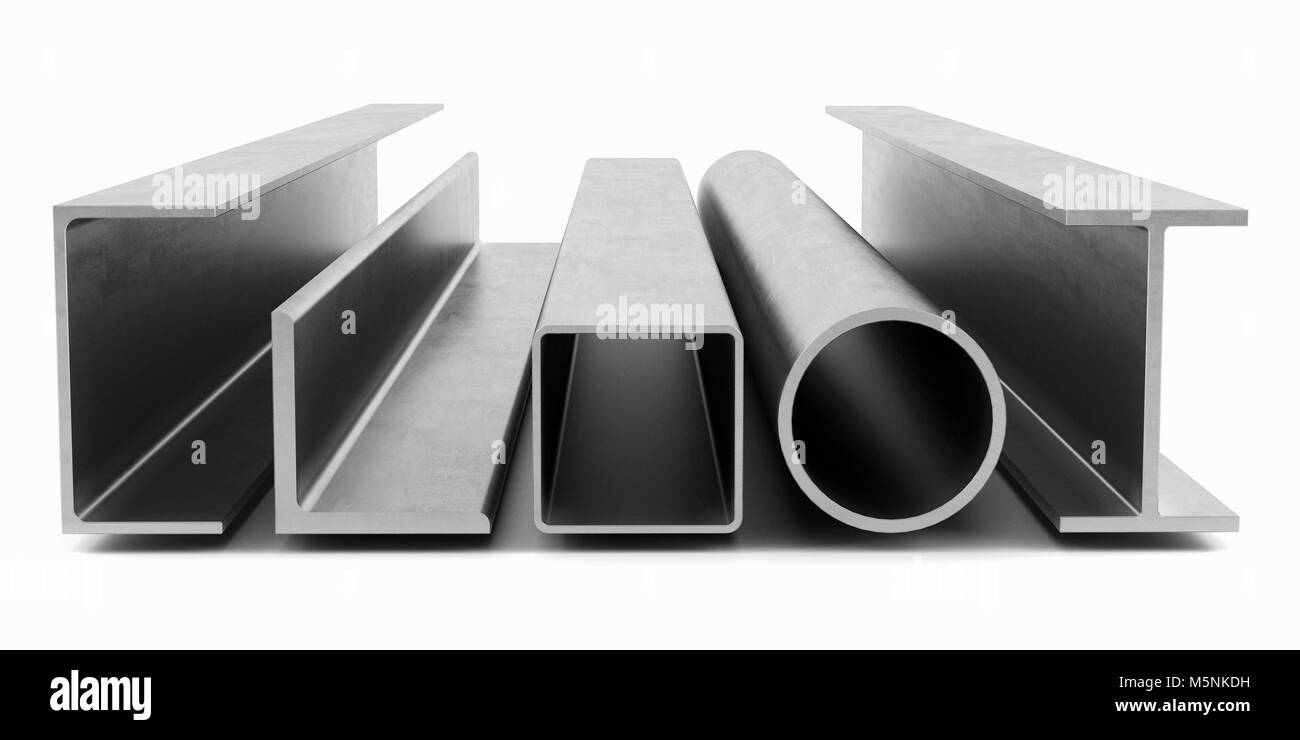 Samples of steel beams and pipes on white background. 3D rendering ...