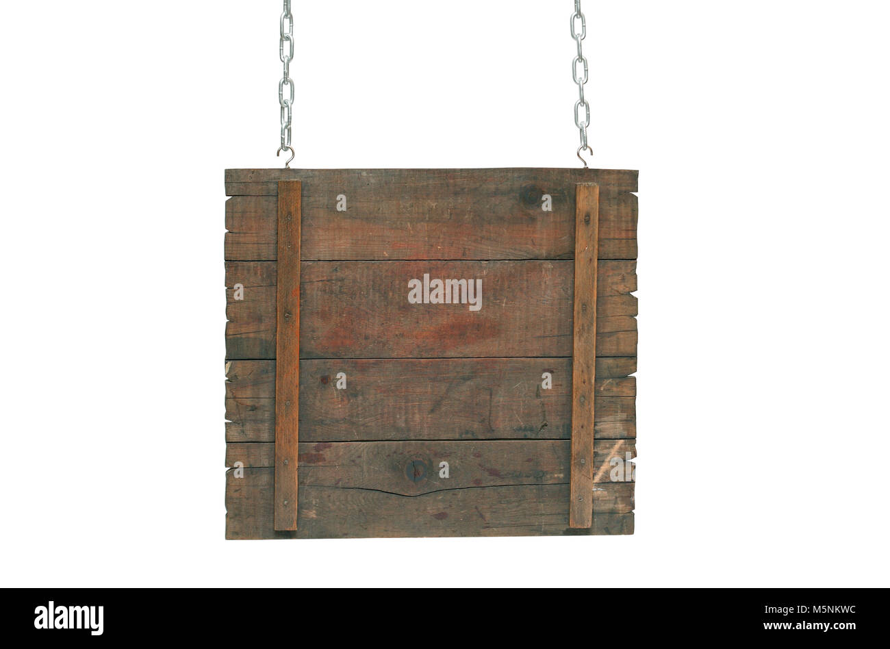 Empty wooden notice board hanging on a chains. Isolated on white ...