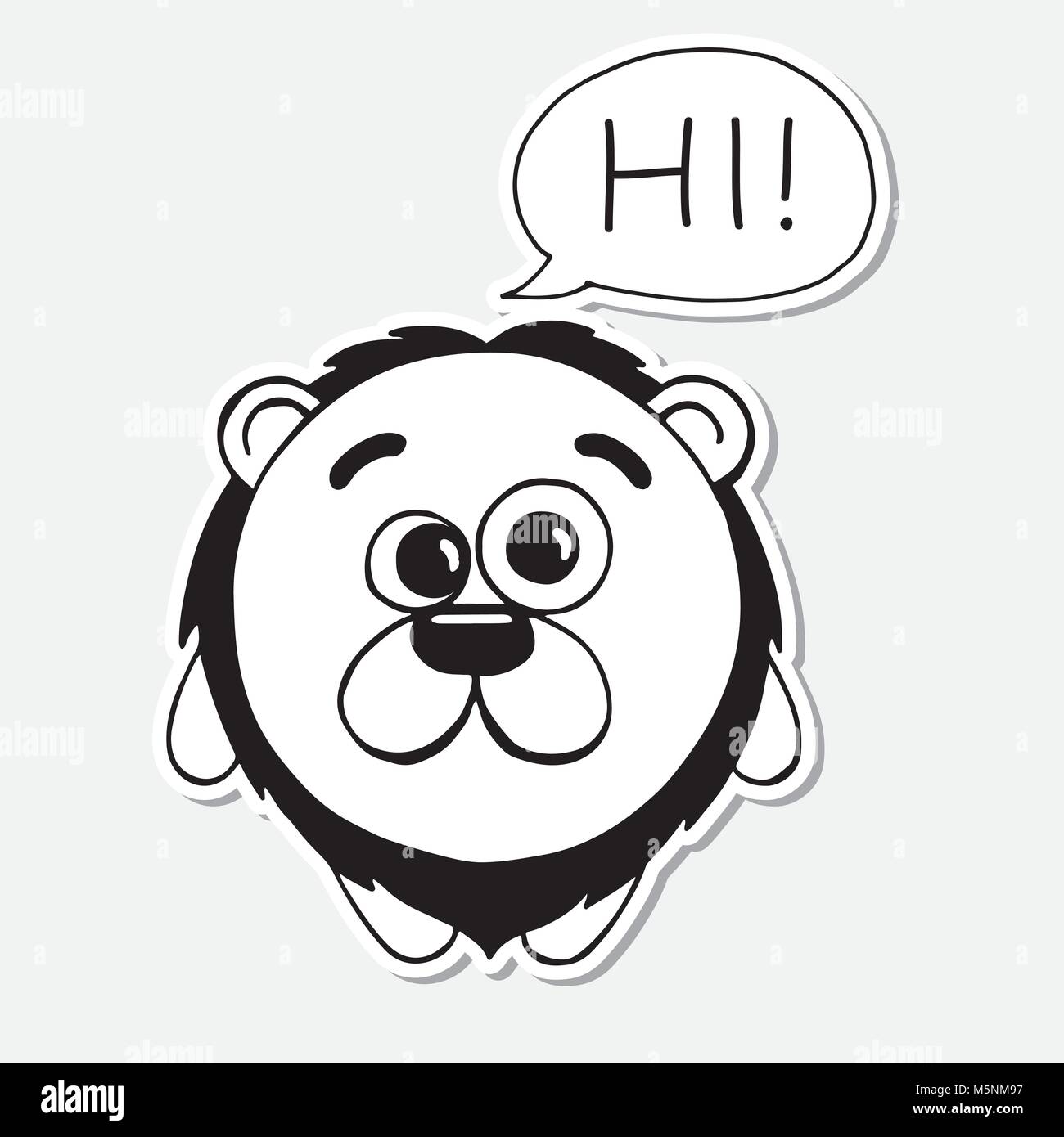 Funny hand drawn lion in cartoon style. Cloud overhead with text Hi ...