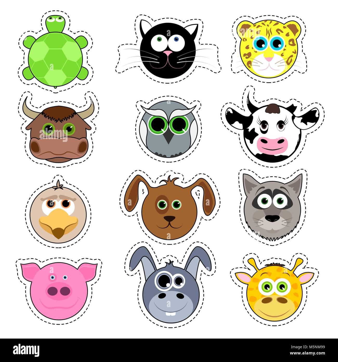 Set of cute cartoon animals. Cute animal face sticker collection Stock ...