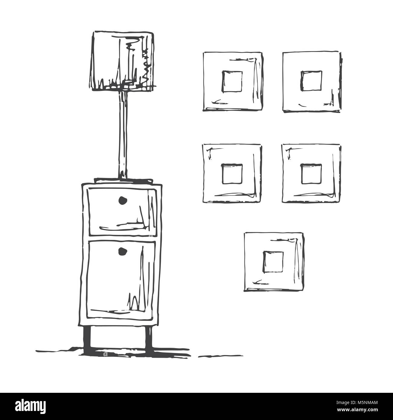 Bedside table with a lamp. Vector illustration in sketch style Stock ...