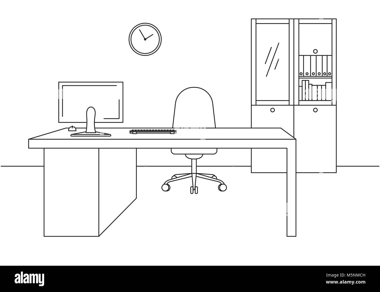 Office in a linear style. Workplace with a computer Stock Vector Image ...