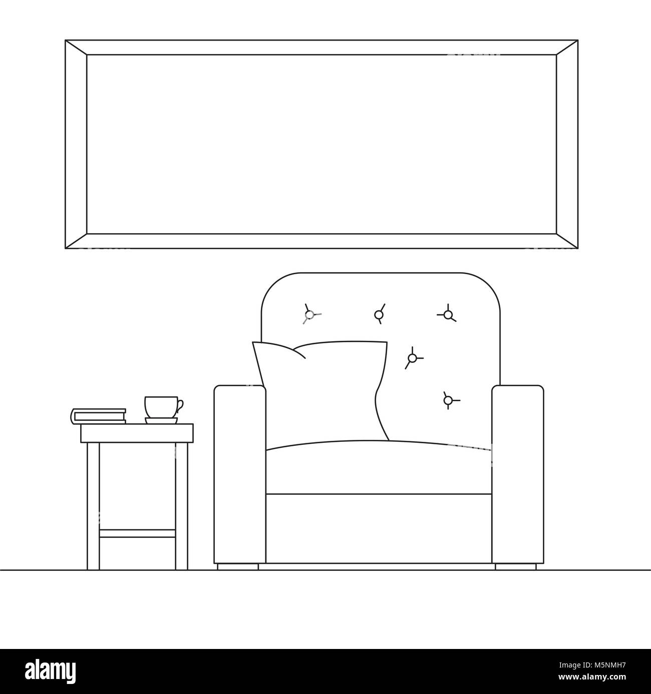 Linear sketch of the interior in a modern style. Frame on the wall for ...
