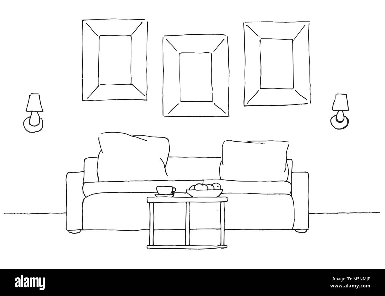 Linear sketch of an interior. Sofa, table, lamp and picture.Hand drawn ...