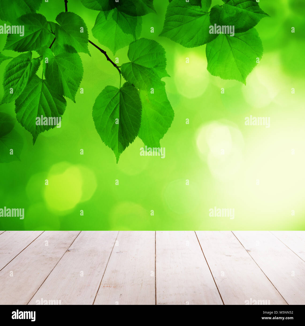 Green Spring Background with Empty White Wooden Table, Green Leaves and ...