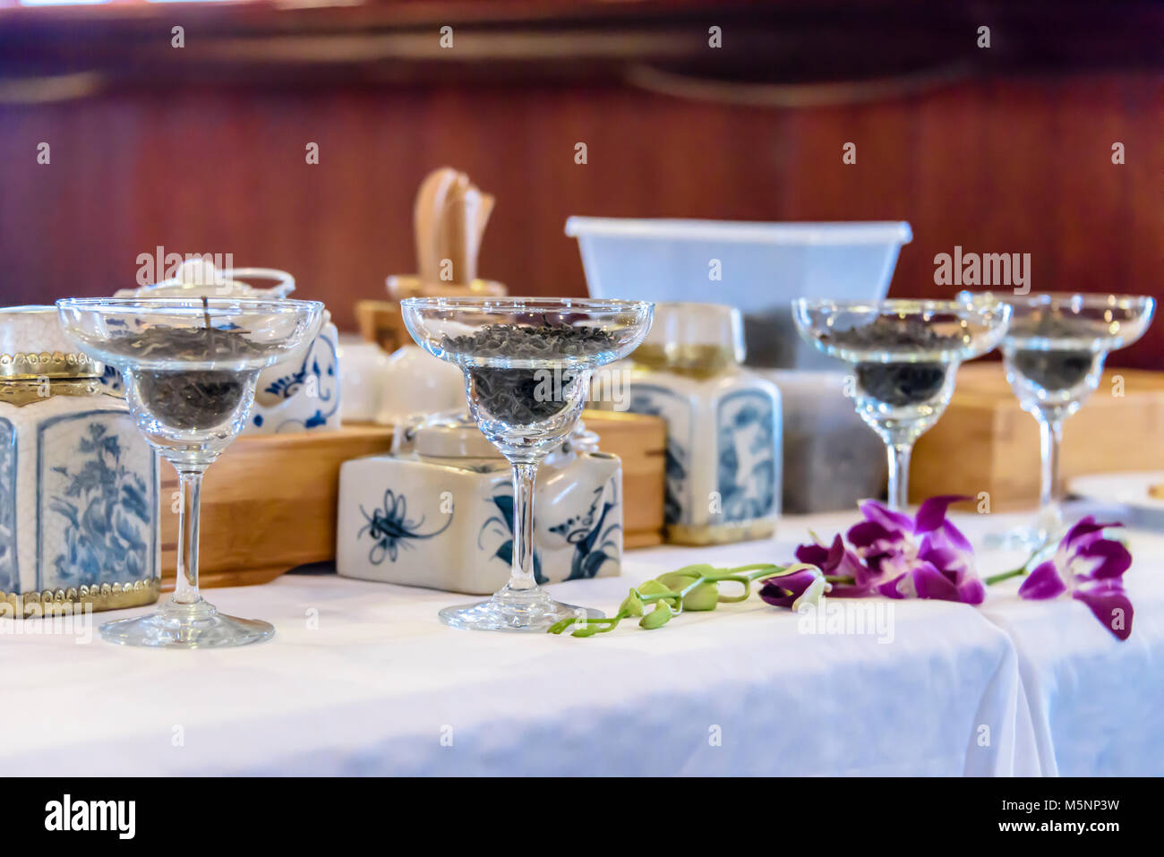 Samples of tea for a tea ceremony demonstration onboard a luxury cruise ...