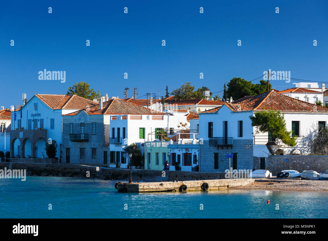 View of traditional architecture in Spetses village, Greece Stock Photo ...
