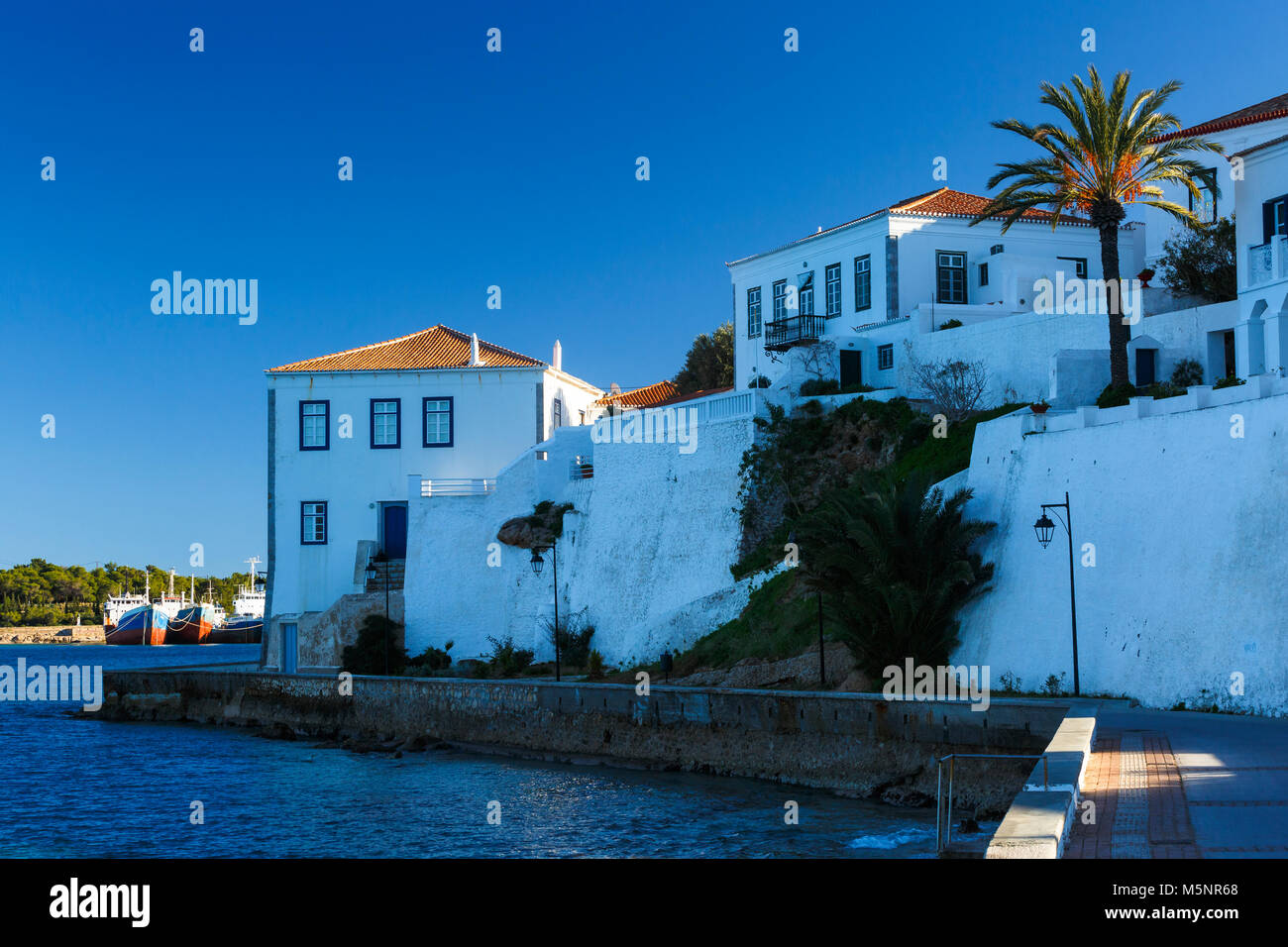 View of traditional architecture in Spetses village, Greece Stock Photo ...