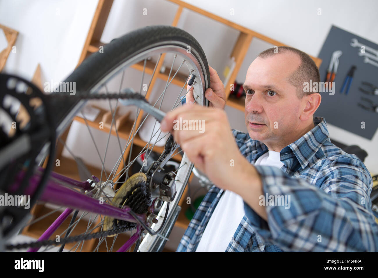 Man reparing bicycle hi-res stock photography and images - Alamy