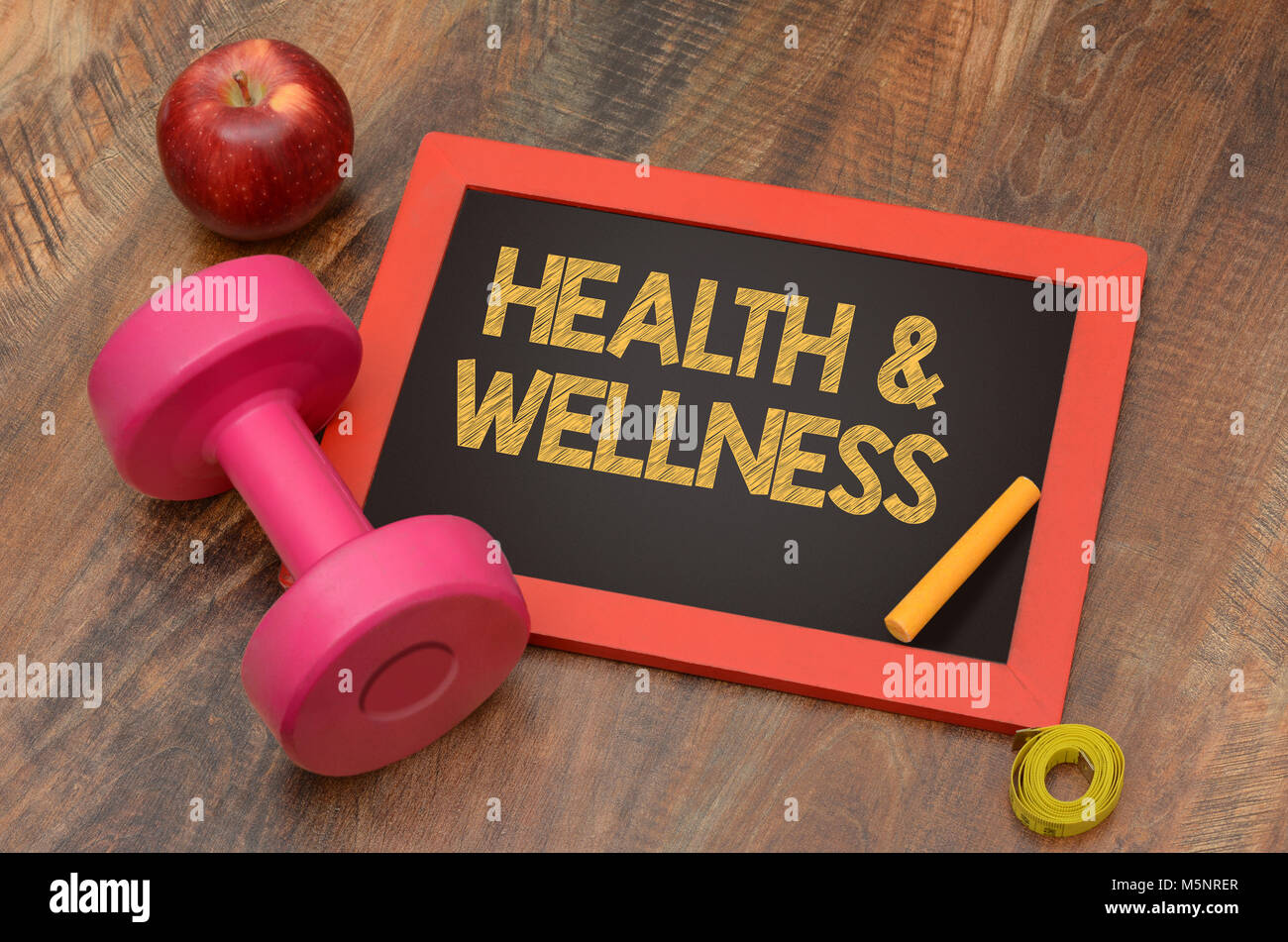 Health and Wellness chalkboard with dumbbell concept Stock Photo - Alamy