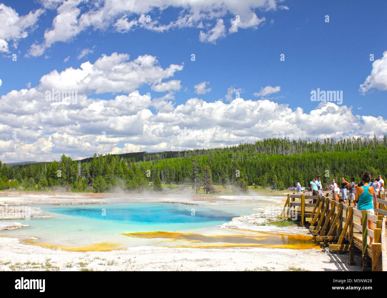 Tourists exploring magnificent Yellowstone National Park landscape ...
