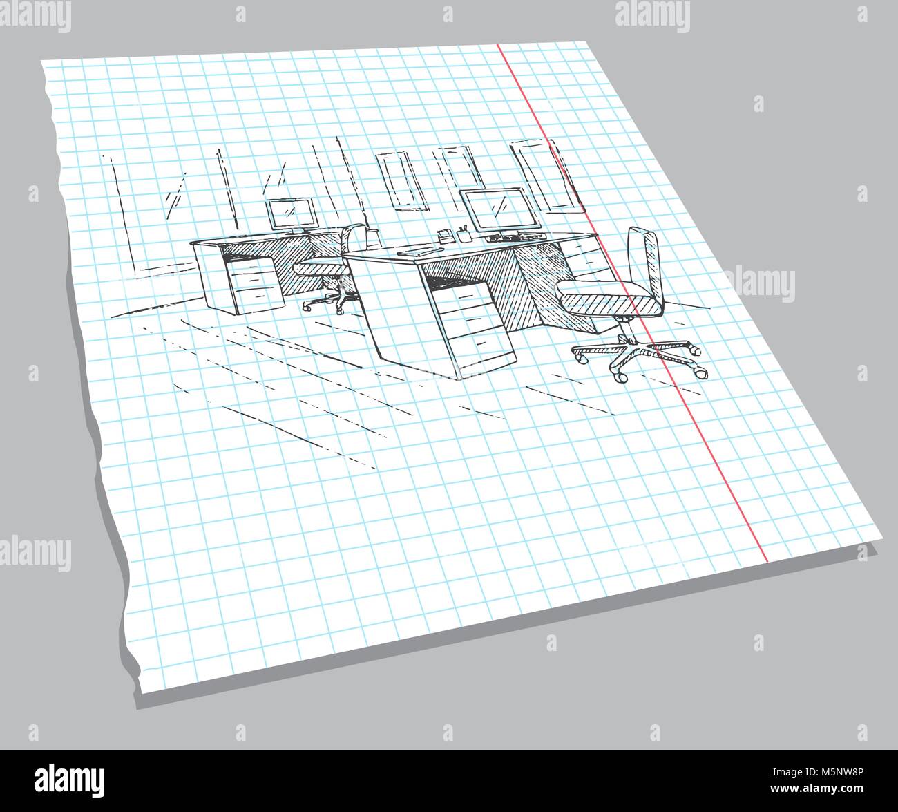 Hand drawn sketch of the interior on a notebook sheet. Quick drawing of ...