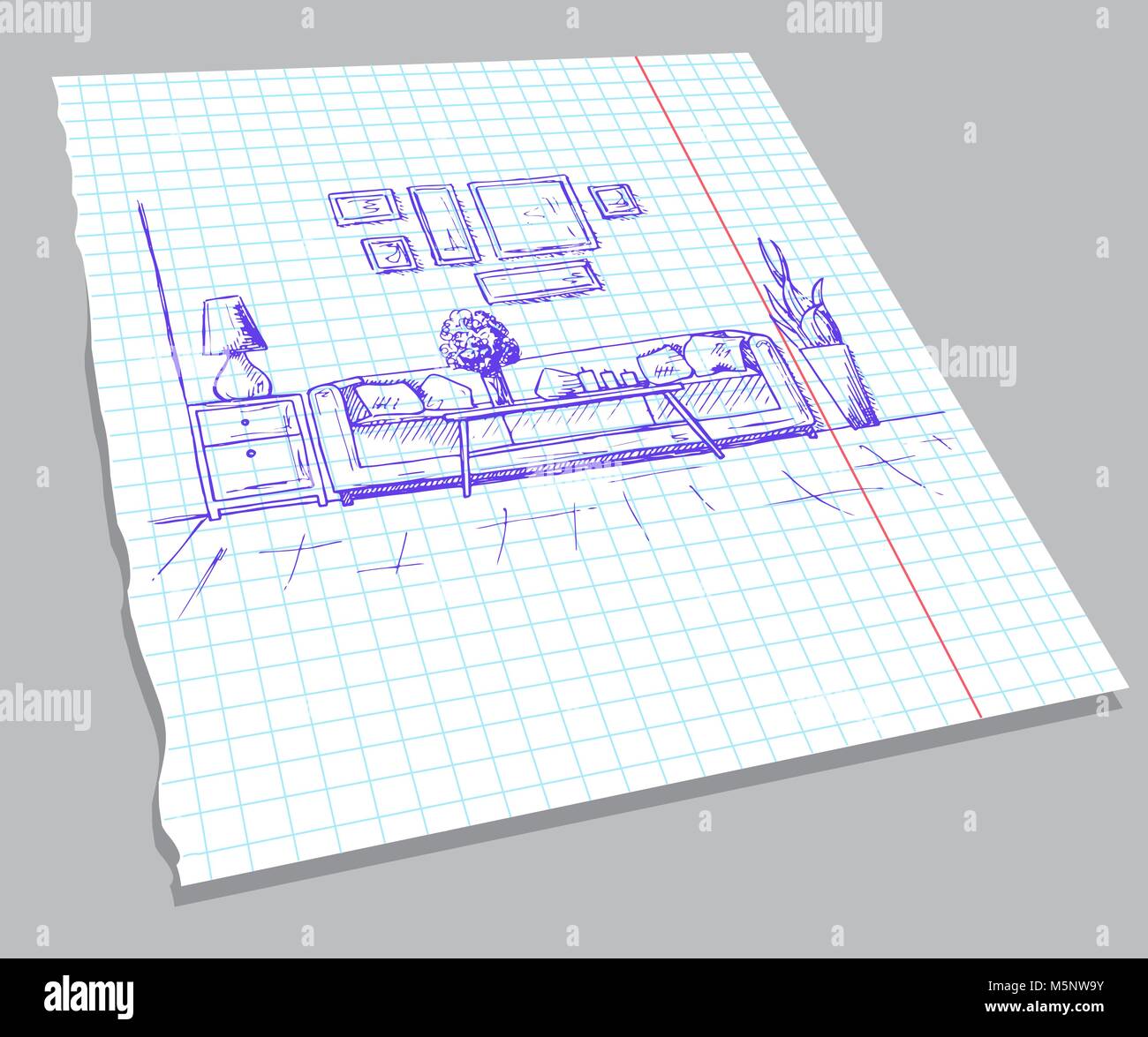 Hand drawn sketch of the interior on a notebook sheet. Hand drawn ...