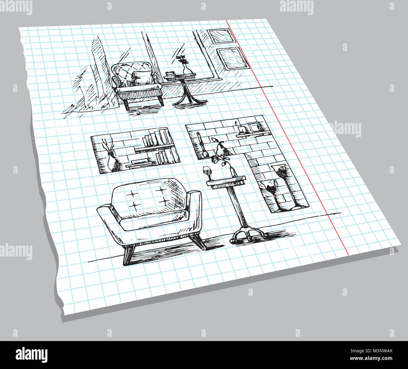 Hand drawn sketch of the interior on a notebook sheet. Linear sketch of ...