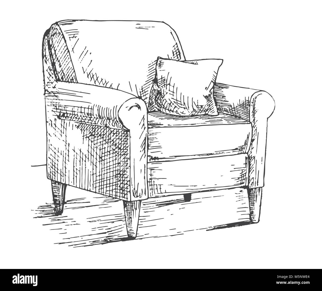 Hand drawn a soft chair with a pillow. Vector illustration in sketch ...