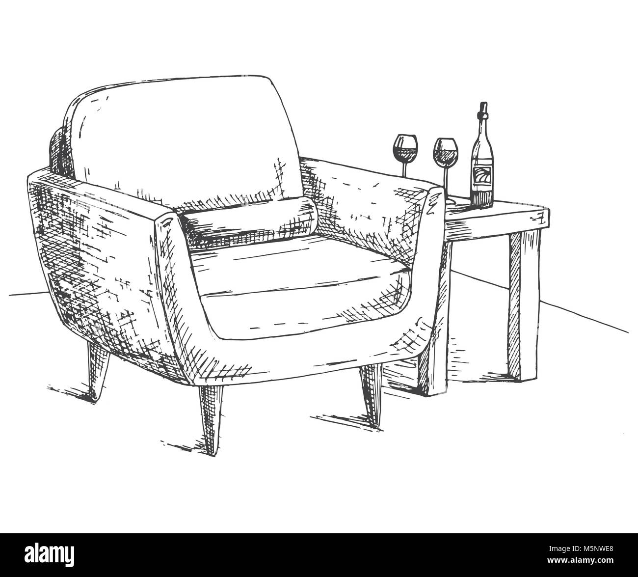 Armchair, coffee table with a glass and bottle. Hand drawn vector ...