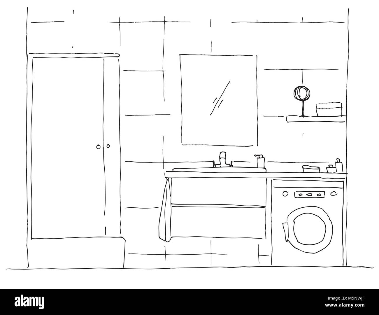Hand drawn sketch. Linear sketch of an interior. Part of the bathroom ...