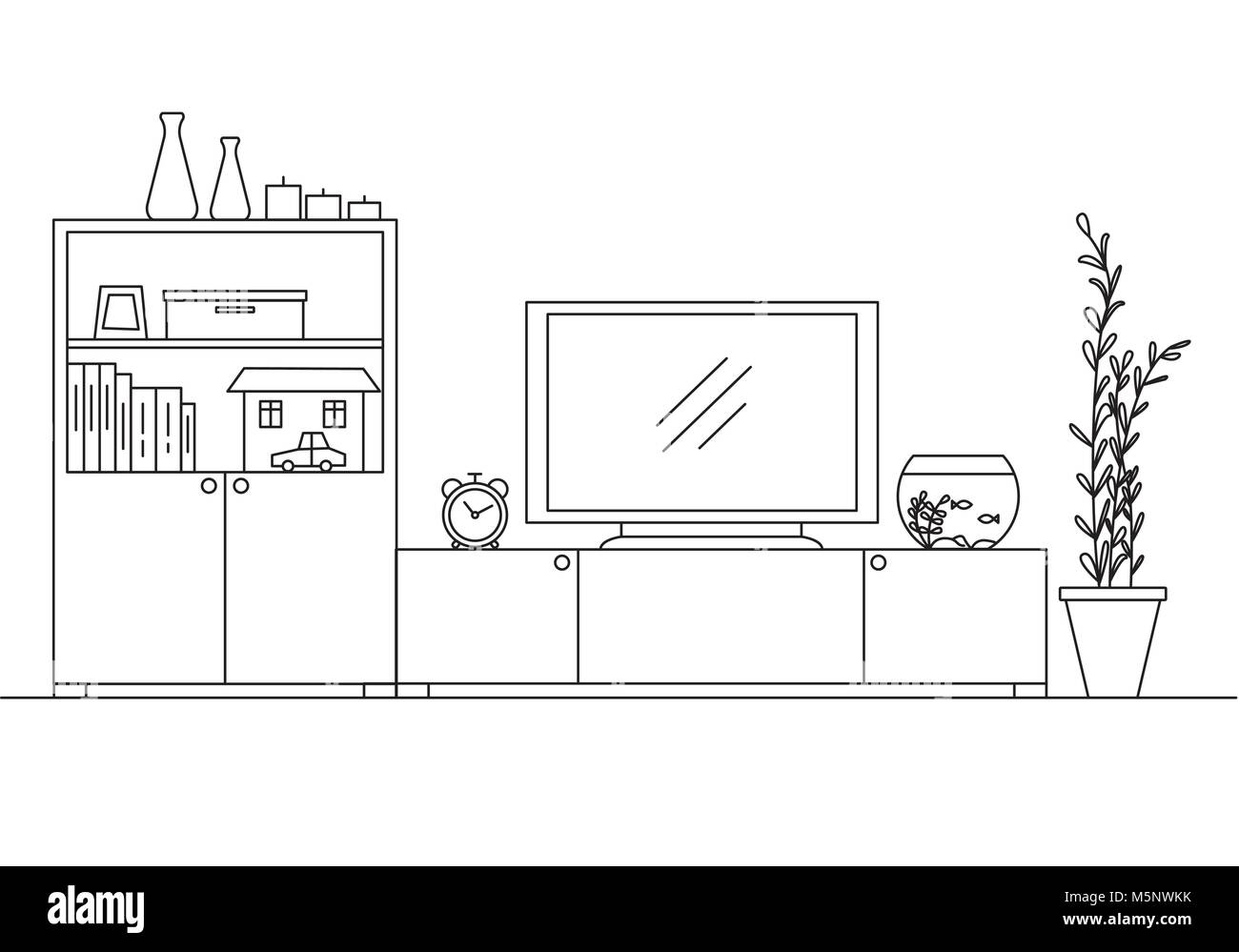 Linear interior with a closet, TV and aquarium. Vector illustration ...