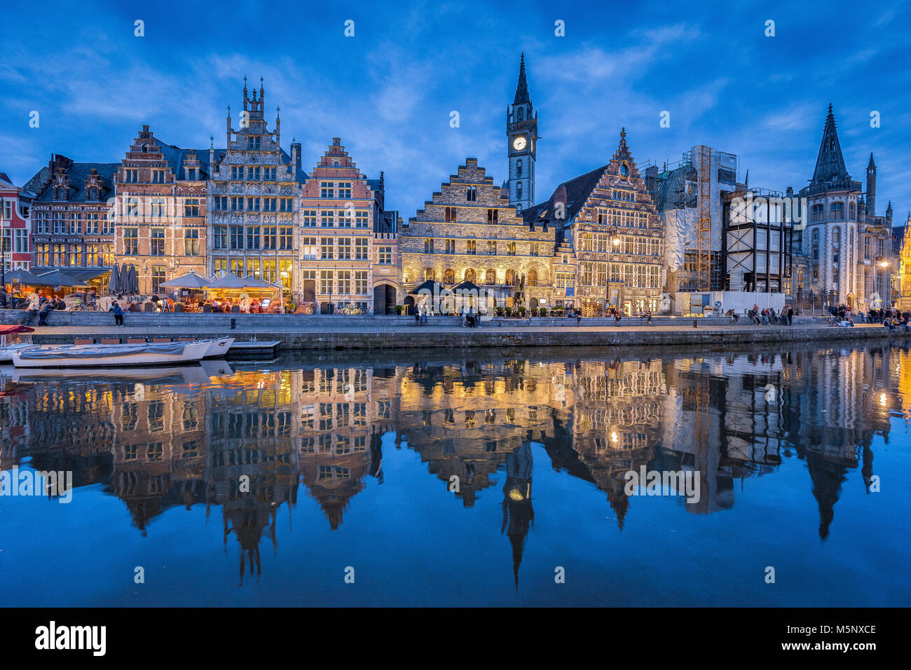 Panoramic view of famous Graslei in the historic city center of Ghent ...