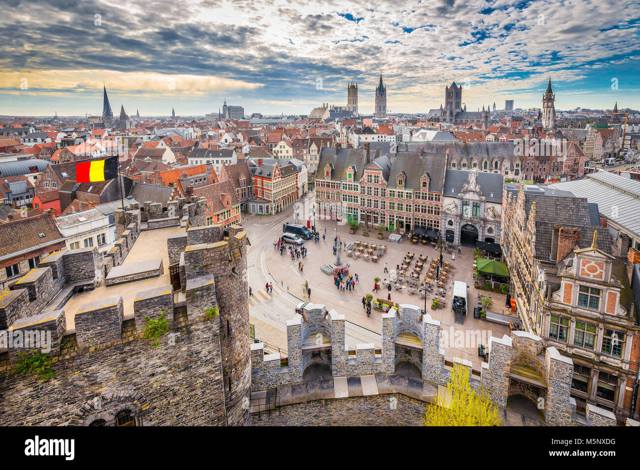 Panoramic view of the historic city of Ghent with famous medieval ...